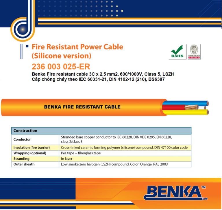 “236 003 025-ER” Cáp Chống Cháy Benka 3C x 2.5 mm2 Cu/Silicon/LSZH ...