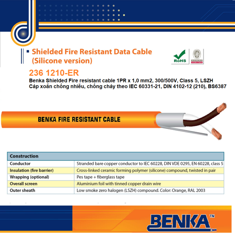 “236 1210-ER” Cáp Chống Cháy Benka 1PR x 1.0 mm2 Cu/Silicon/OSCR/LSZH ...