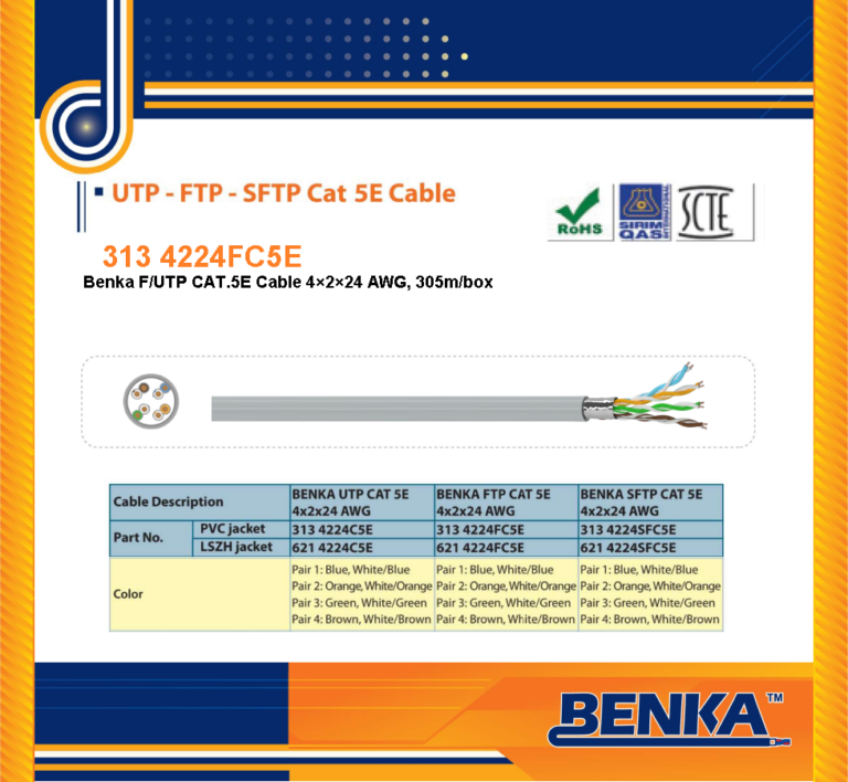 Cáp Mạng BENKA ( 313 4224FC5E ) Benka F/UTP CAT.5E Cable 4×2×24 AWG (305m/box) | Chống Nhiễu ...